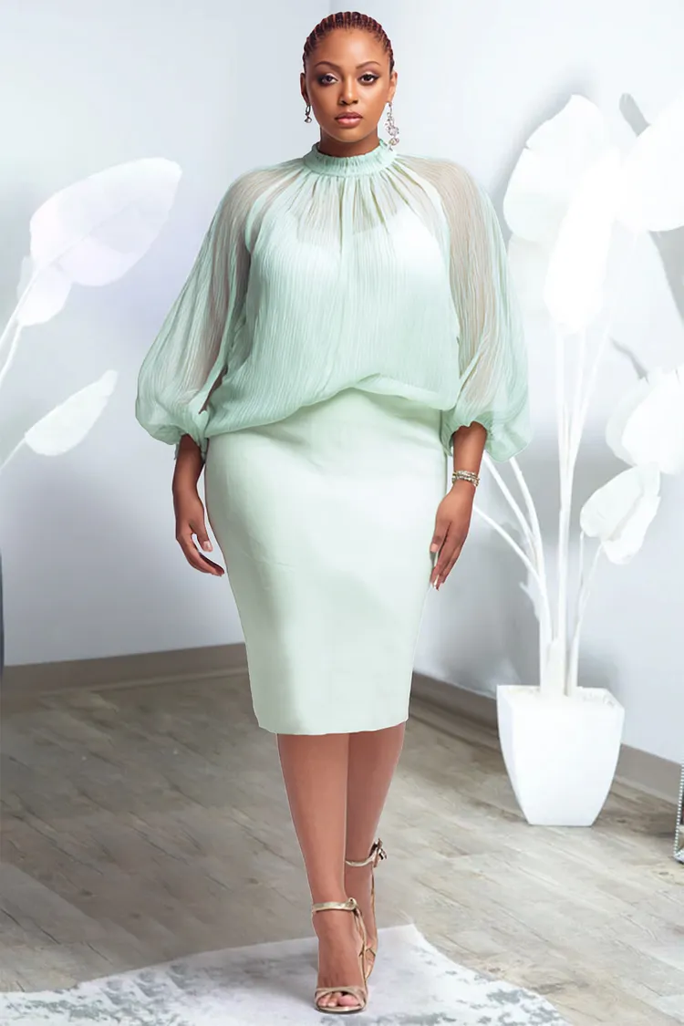 Xpluswear Design Plus Size Cocktail Party Sage Green Mock Neck Lantern ...