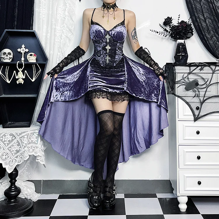 Gothic Dark Sexy Cross Lace Paneled Slip Dress