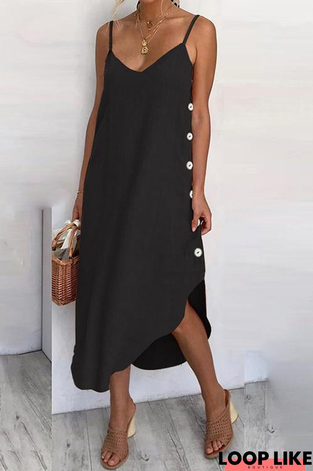 Side Button Slip Maxi Dress - LoopLike