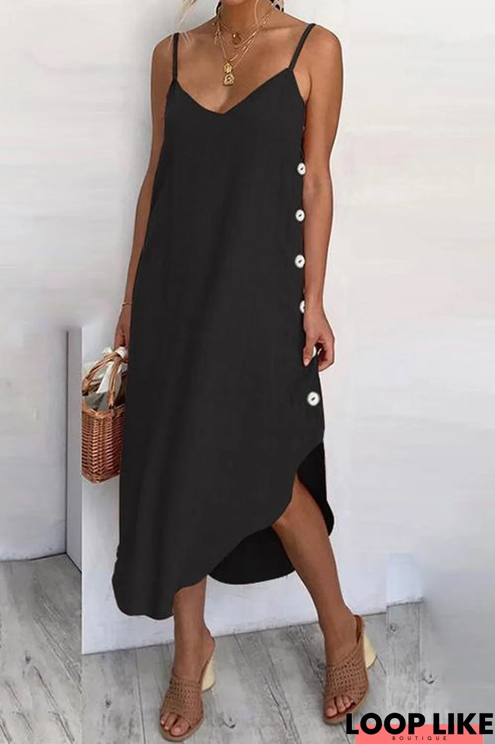 Side Button Slip Maxi Dress - LoopLike