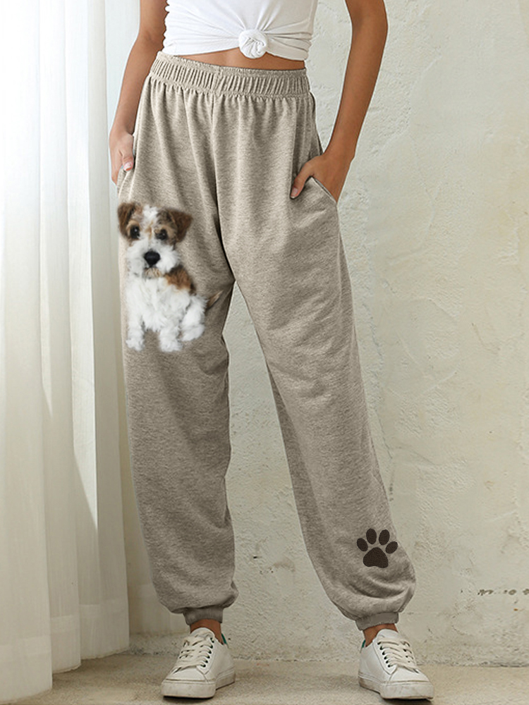 Fuzzy Dog Plush Paw Print Cozy Sweatpants