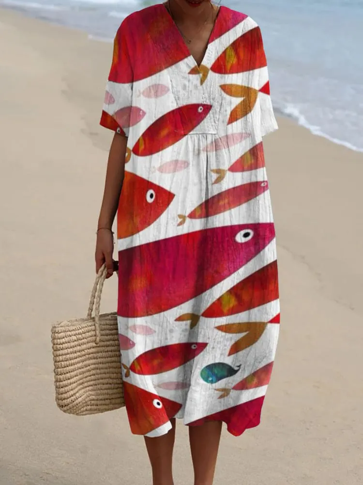 Diagonal Red Fish Decorative Pattern Printed Flowy Dress