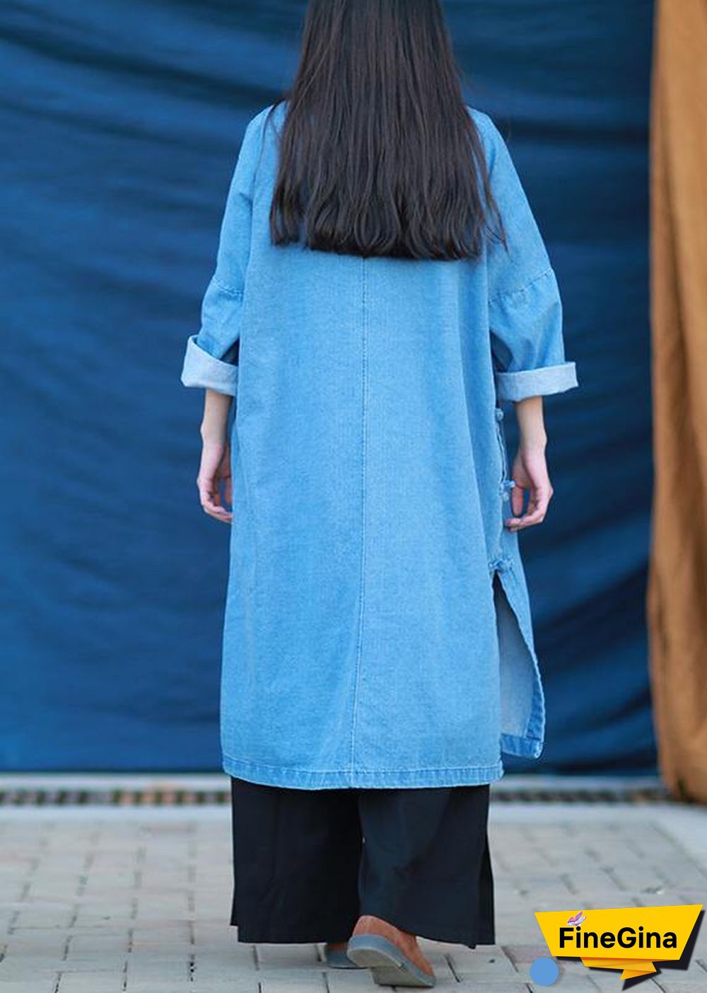 FineGina Loose stand collar Tunic Photography denim light blue Dress
