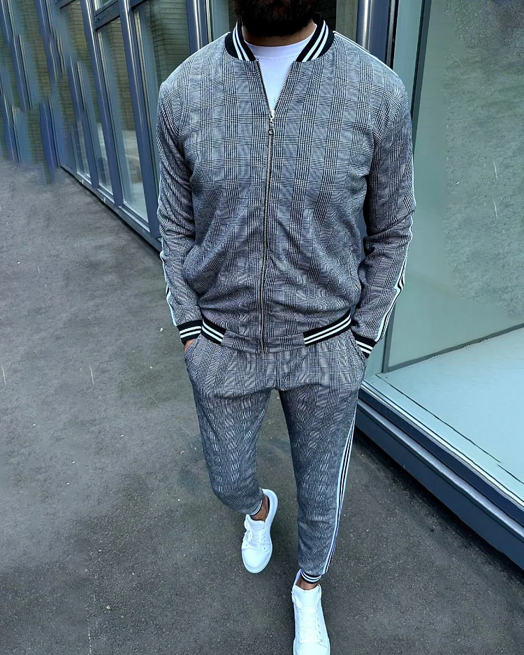 Suitmens Men's Grey Classic Plaid Tracksuit Full Set -00037