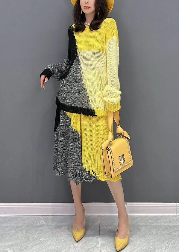 Stylish Colorblock Oversized Patchwork Knit Two Pieces Set Fall