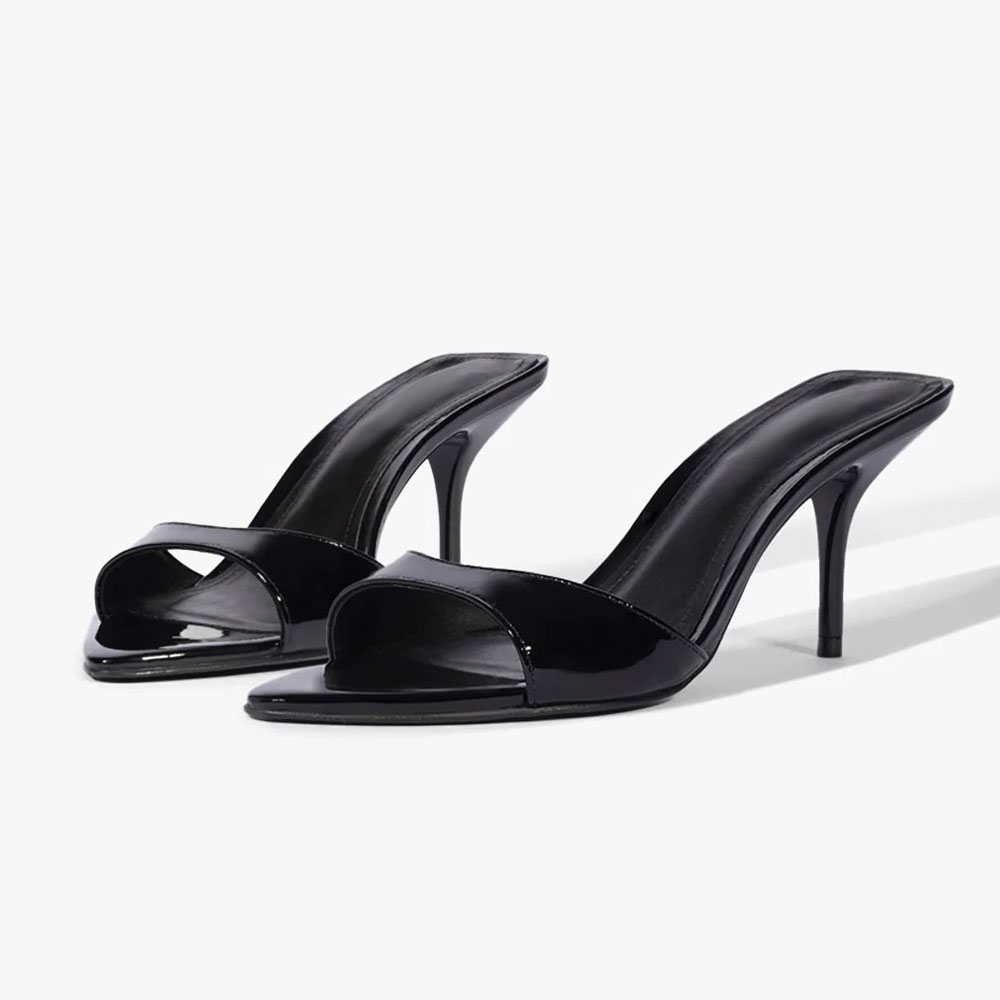 Women's Full Black Pointed Toe Mid Heel Slip On Strap Summer Sandals