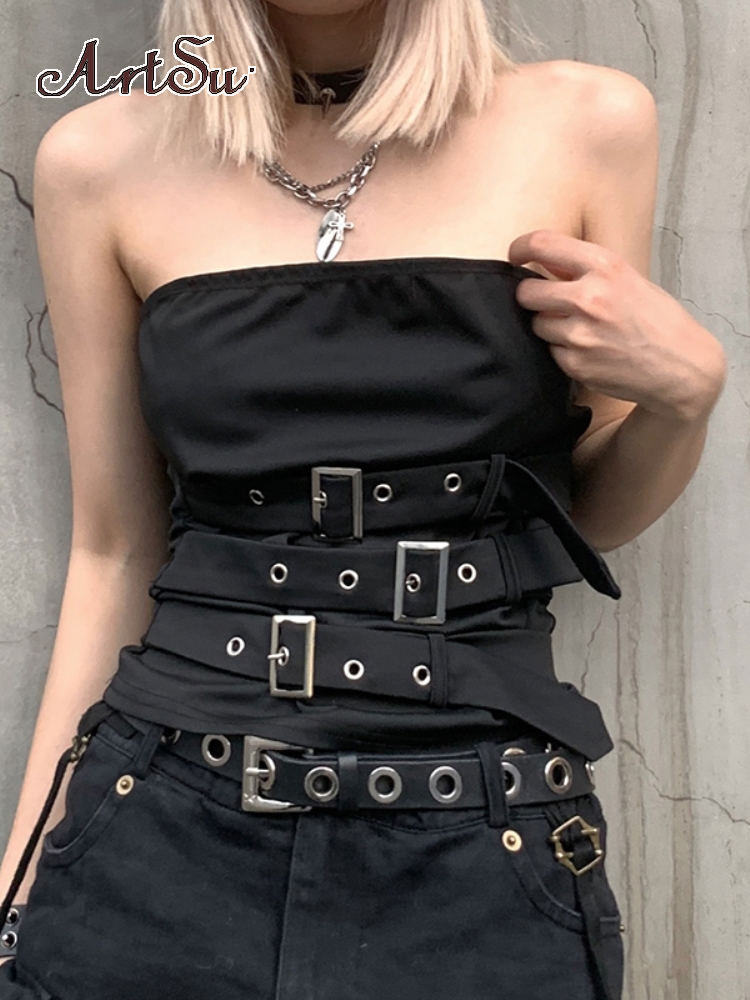 Toloer Eyelet Buckle Corset Top Black Goth Techwear Strapless Punk