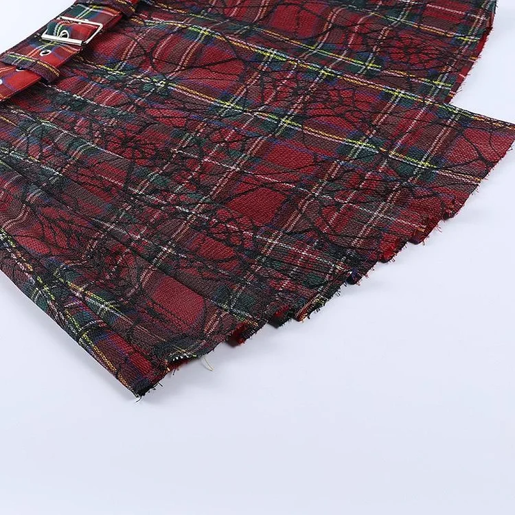 GOTH PLAID MESH PATCHWORK HIGH WAIST RED MINI SKIRT