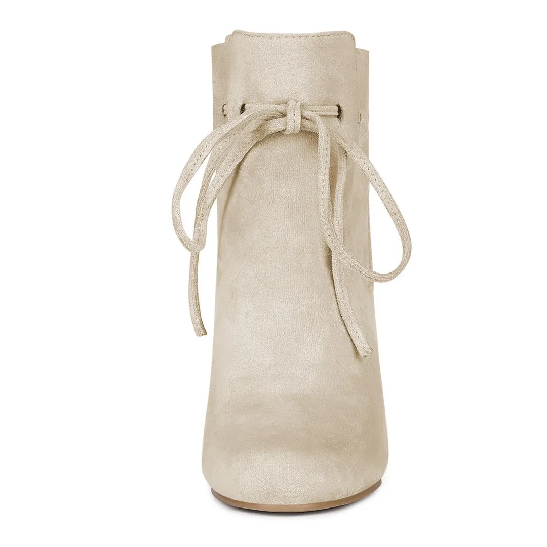 Ivory Tie Styling Round Toe Chunky Heel Ankle Boots with Back Zipper