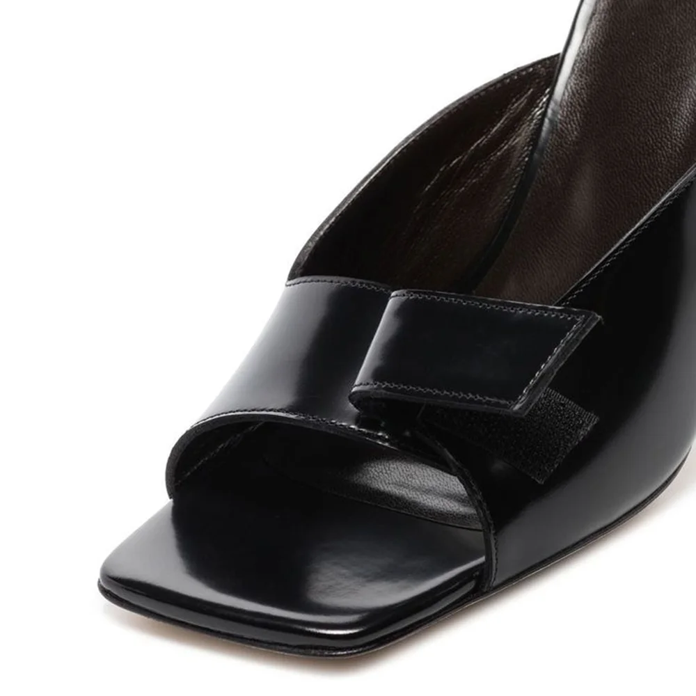 Black Vegan Leather Opened Square Toe Mules With Decorative Heels