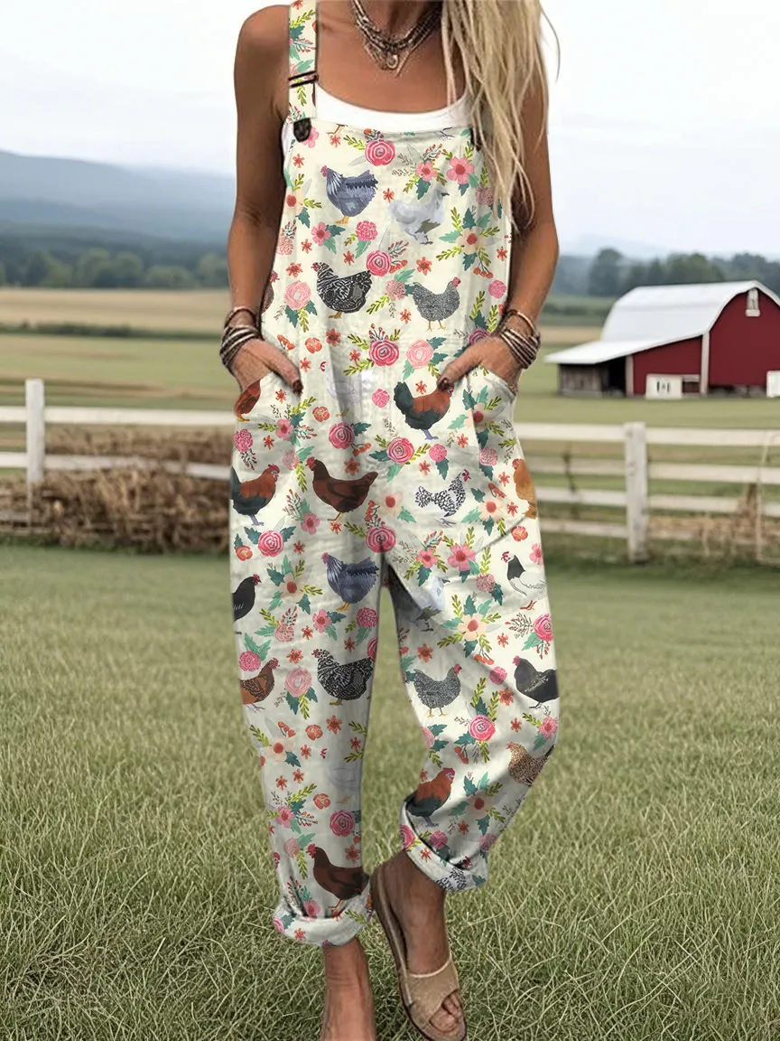 Women's Farm Chicken And Floral Pattern Casual Cotton Wide Leg Jumpsuit