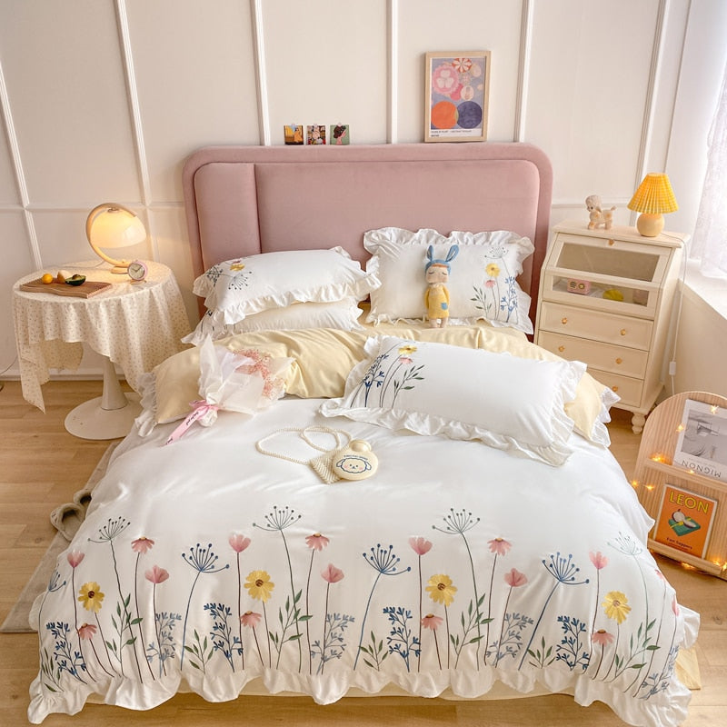 Luxury Korean Princess Style Bedding Set Flowers Embroidery Ruffles Duvet Cover Set Quilt Cover ...