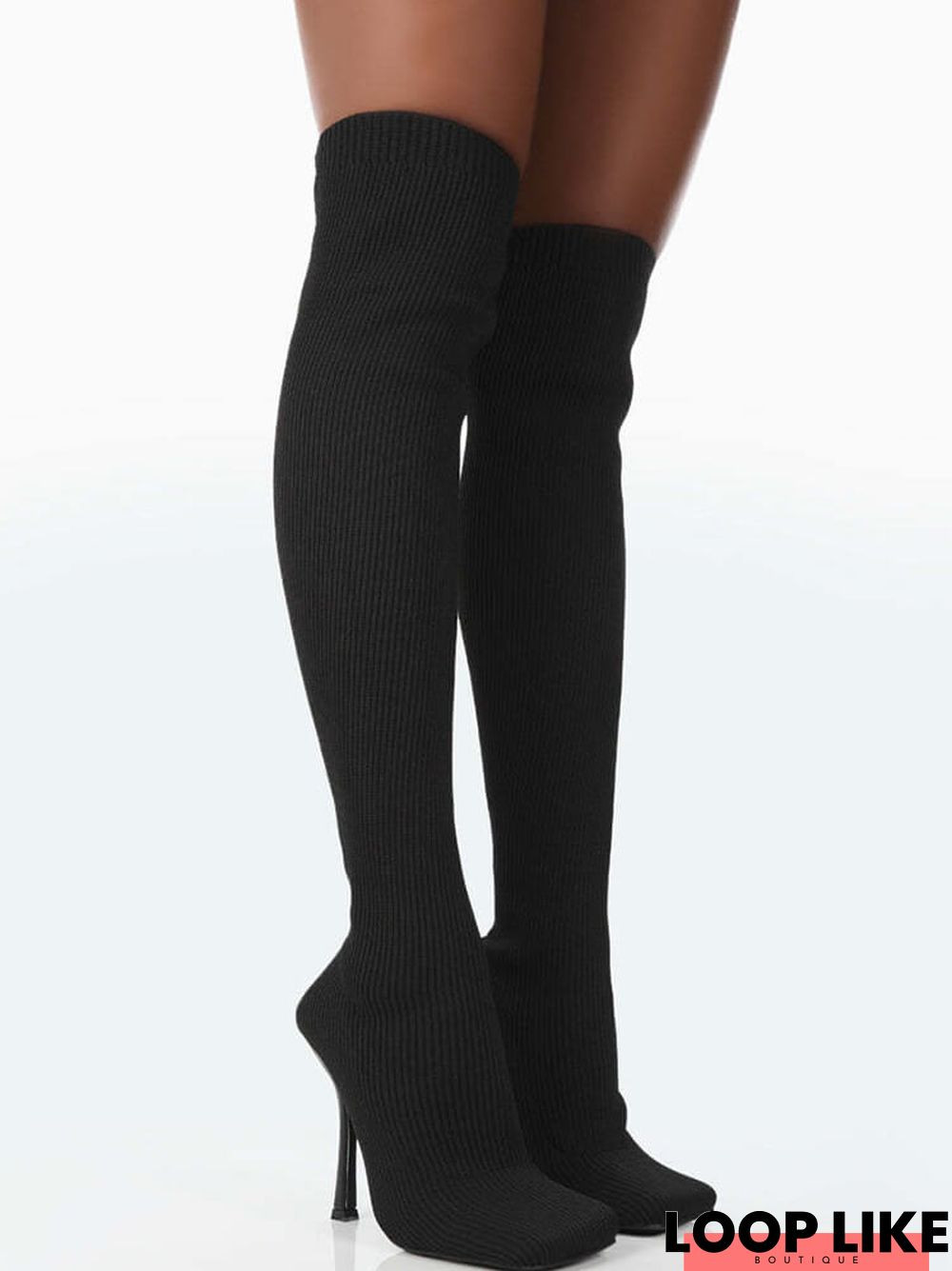 Ribbed Knit Solid Color Thigh High Boots - LoopLike