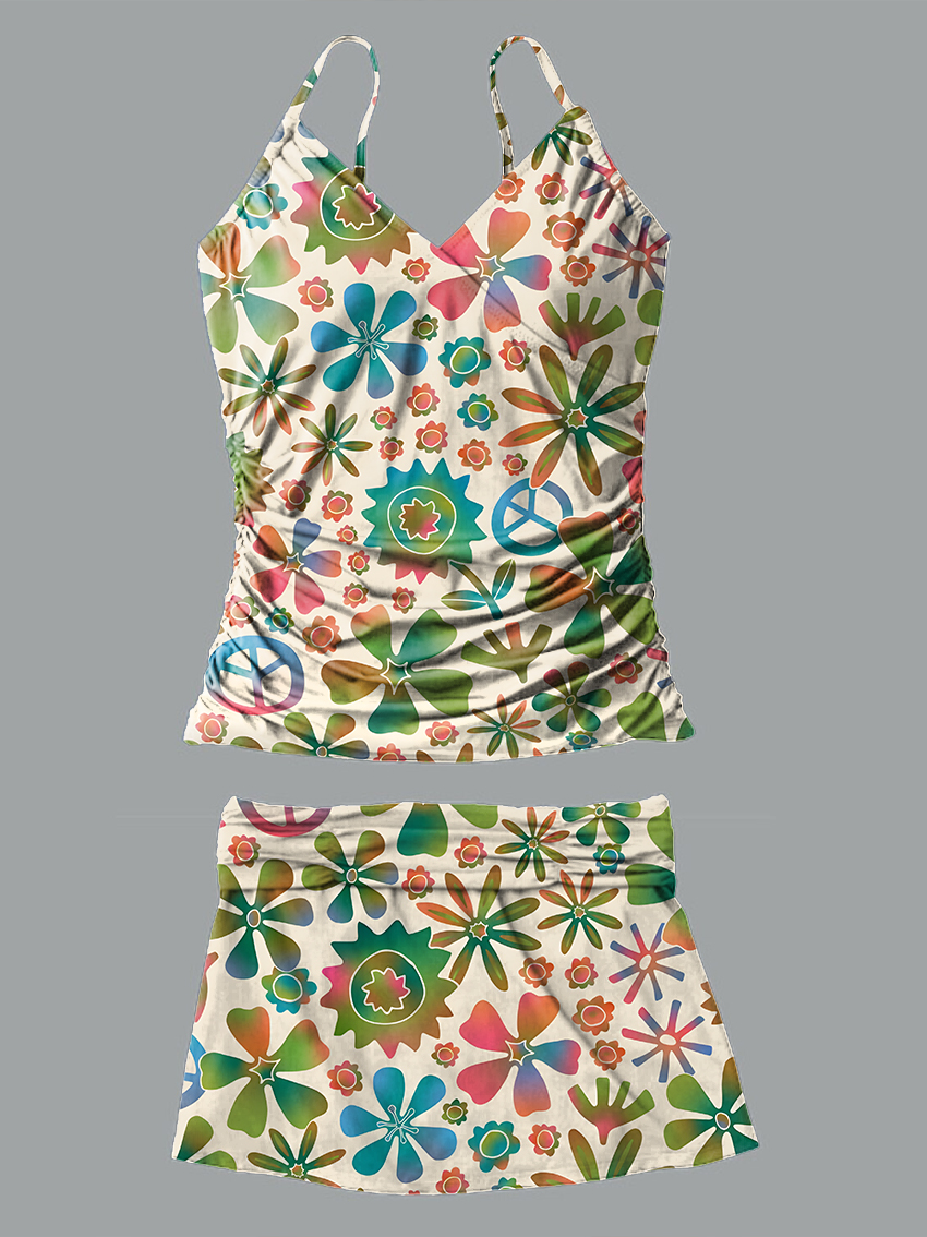 V-Neck Retro Hippie Peace Flower Print Suspender Skirt Tankini ...