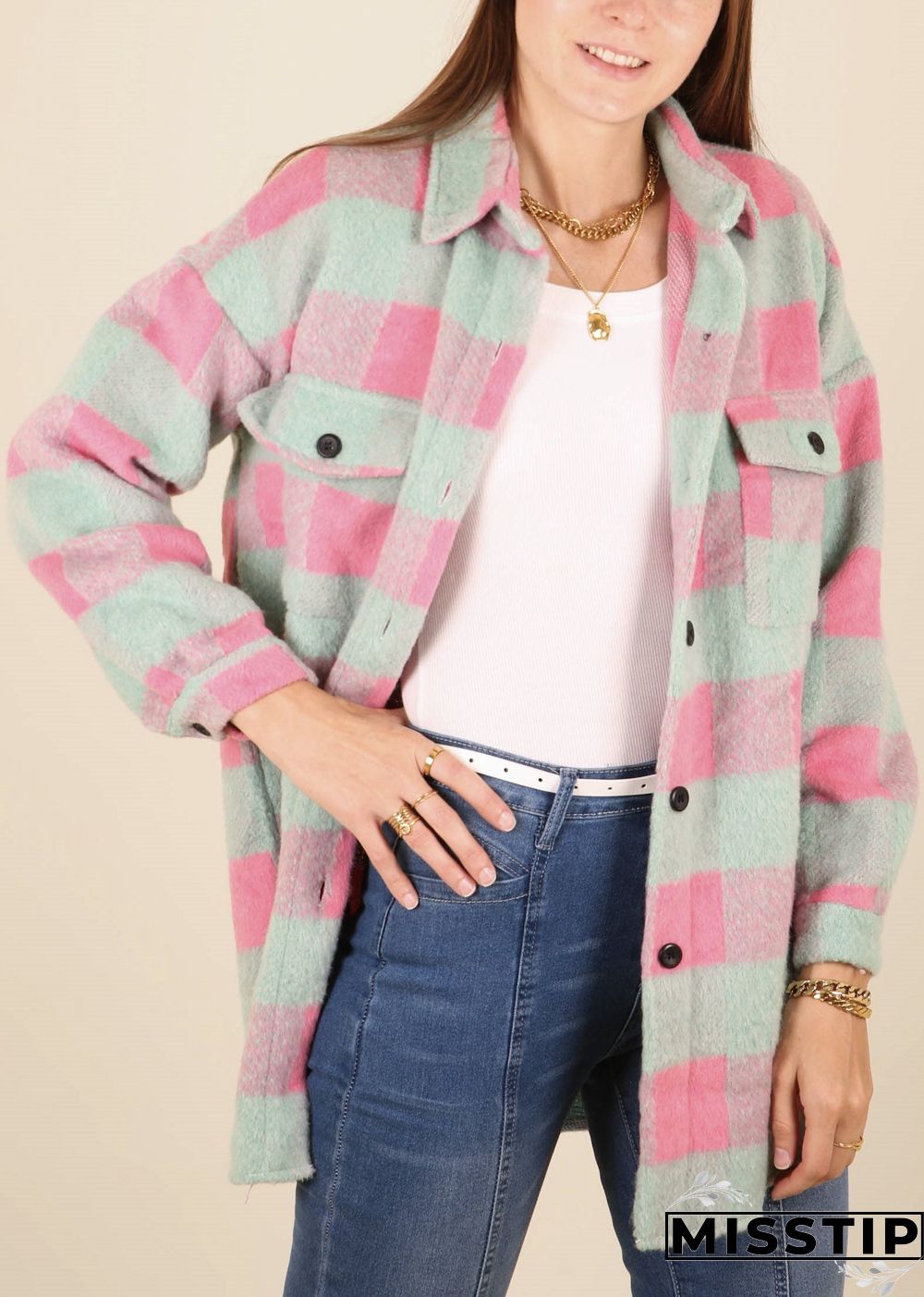 Plaid Pattern Curved Hem Shacket - MissTip