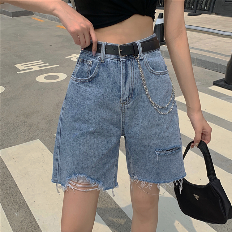 RIPPED RAW EDGE JEAN SHORTS WITH BELT