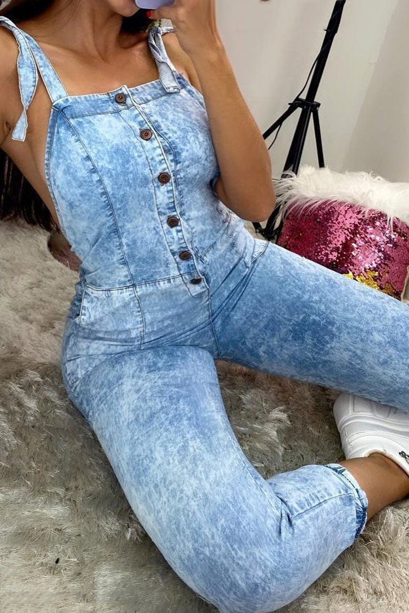 Denim Open Back Strapped Jumpsuit