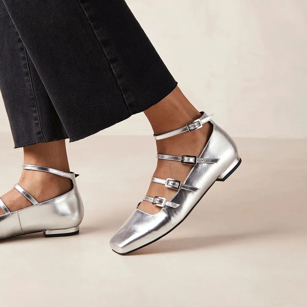 Metallic Silver Square Toe Strappy Flats Buckled Mary Jane Shoes