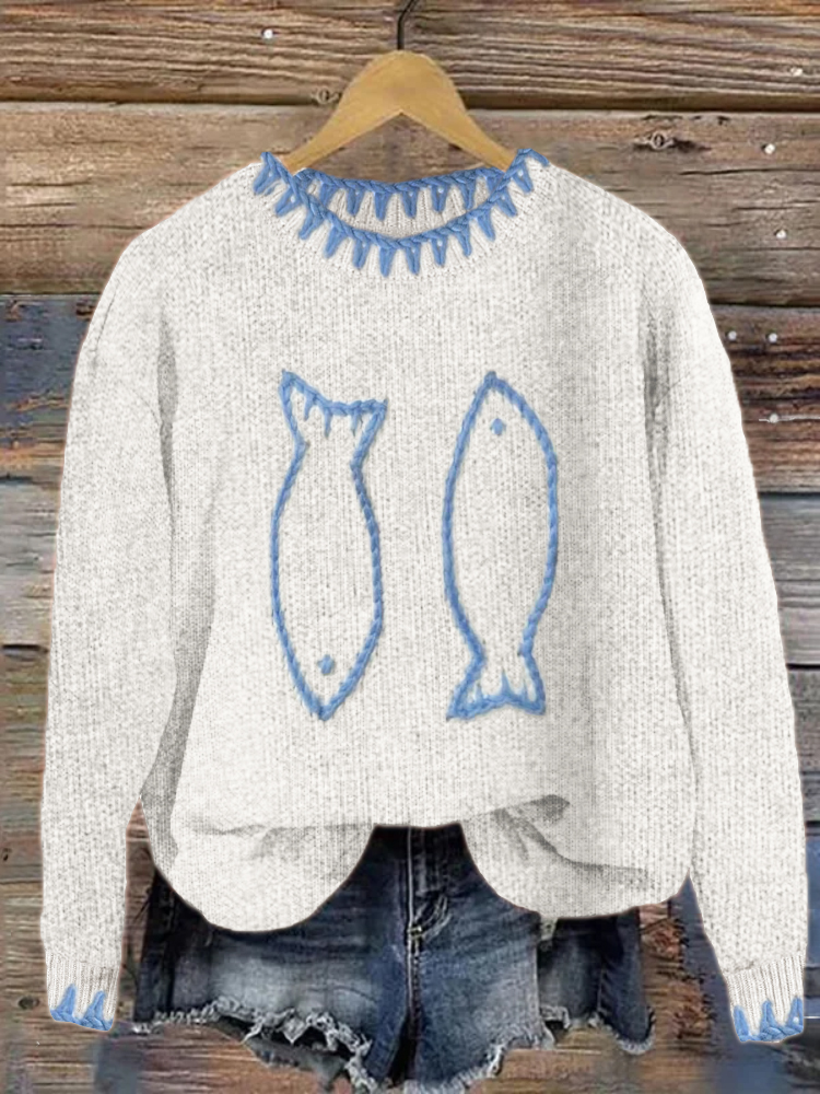 Fish Line Art Crochet Cozy Knit Sweater