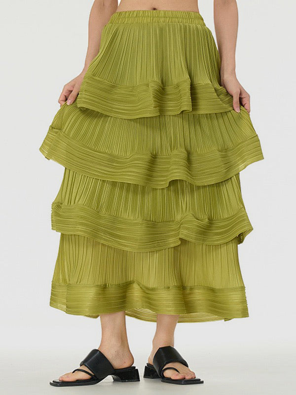 Stylish Green Elasticity Layered Pleated Ruffled Skirt