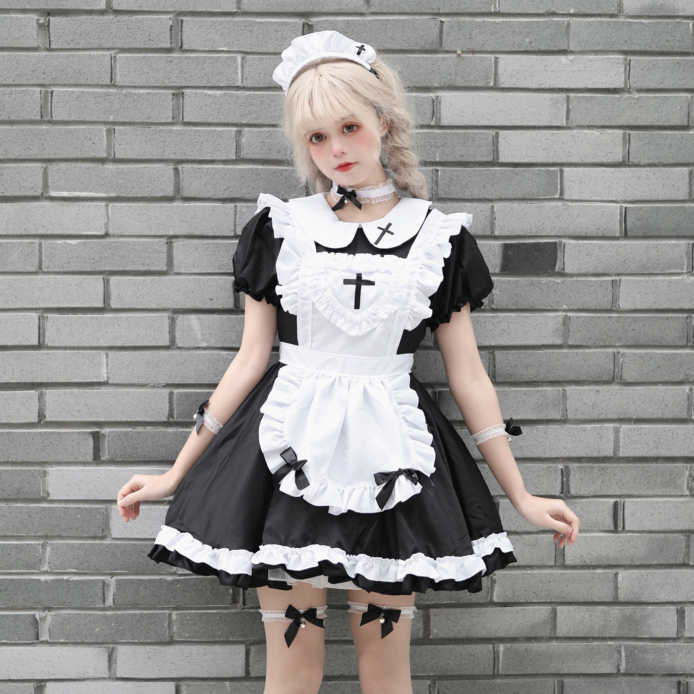 Lolita Cross Heart Bubble Sleeve Tiered Ruffled Peter Pan Collar Mini ...