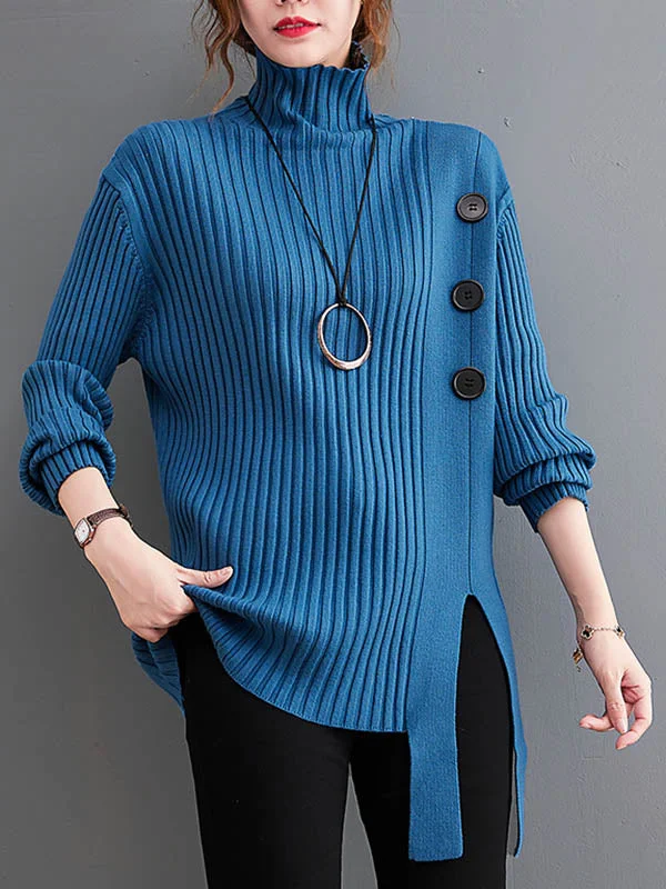 Urban Buttoned Split-Side Asymmetric Split-Joint High-Neck Sweater