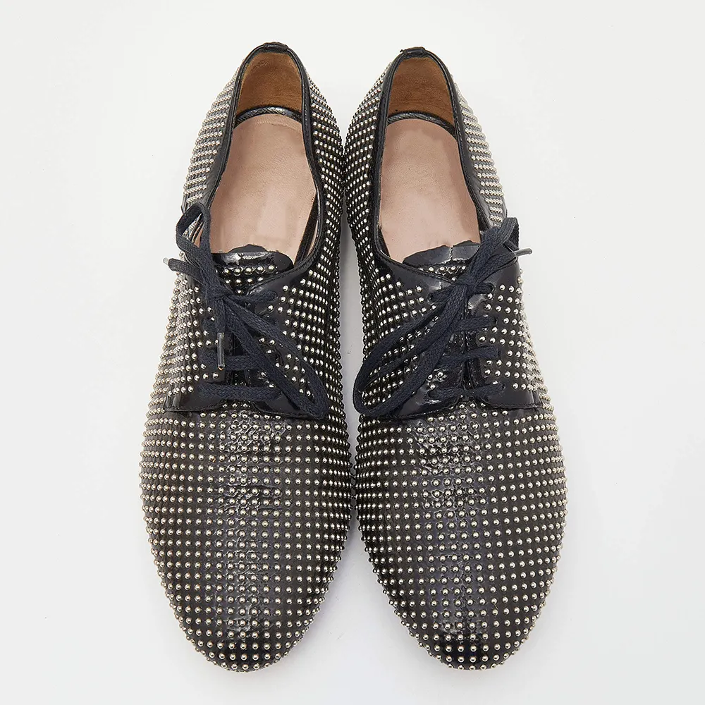 Black Patent Leather Rounded Toe Block Heel Lace Up Oxford Shoes