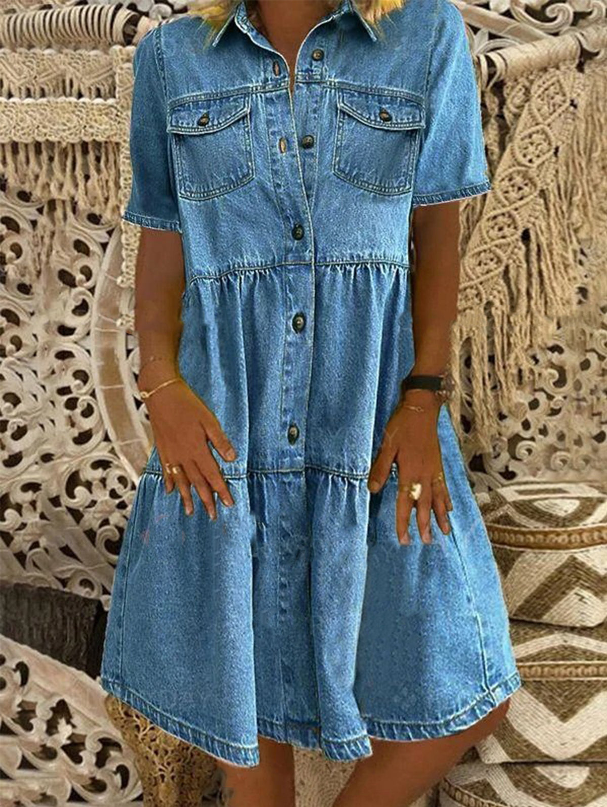 Casual Lapel Collar Short Sleeve Denim Midi Dress - Ladylim