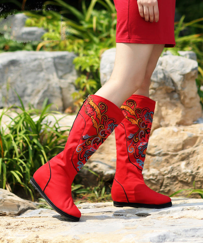 Vintage Red Wedge Boots Embroidered Comfy Cotton Fabric zippered ...