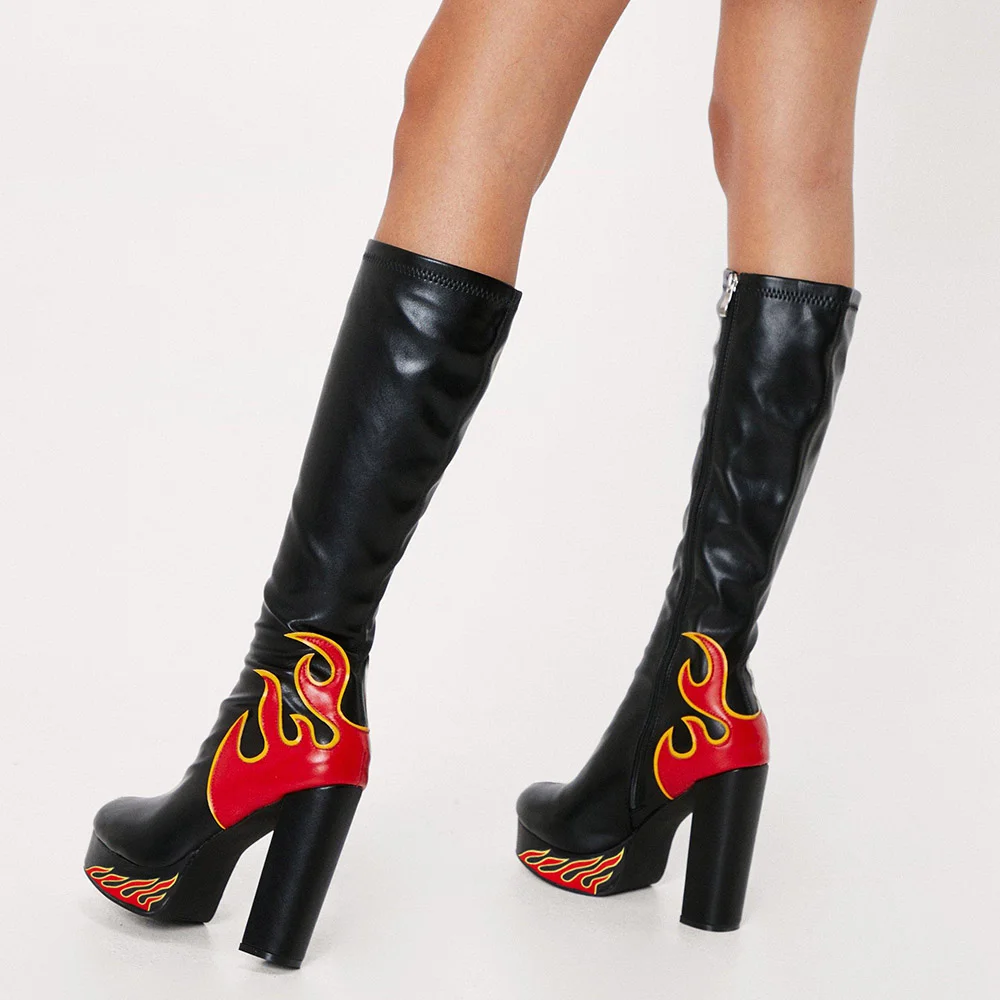 Black Flame Platform Knee High Boots