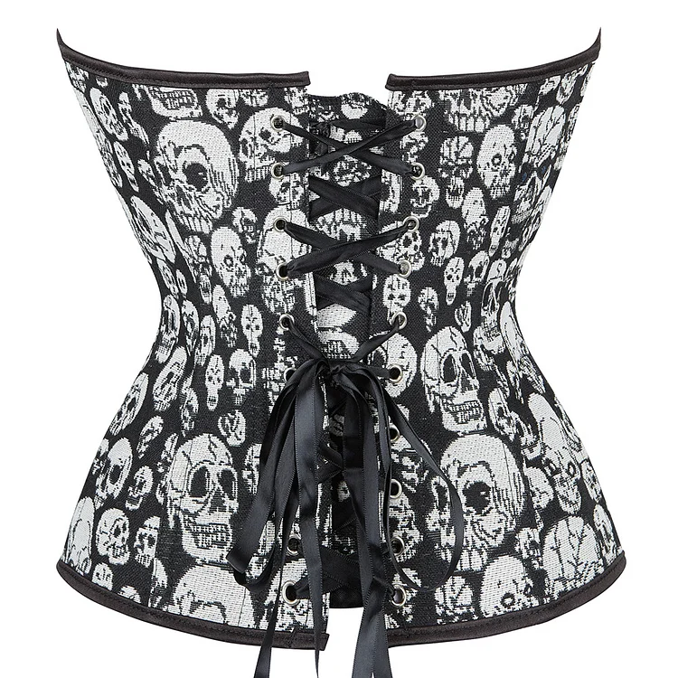 Dark Skull Printed Back Lace Up Buttoned Color Block Corset
