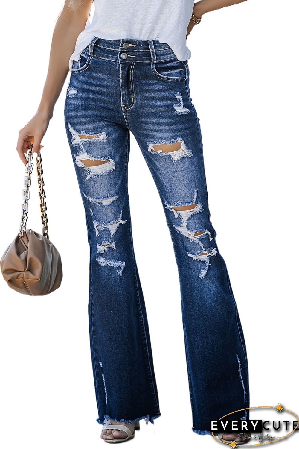 Wholesale Blue Distressed High Waist Flared Jeans Online