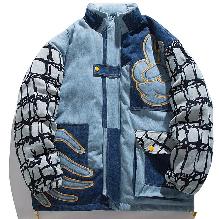 Patchwork Denim Winter Coat Embroidery