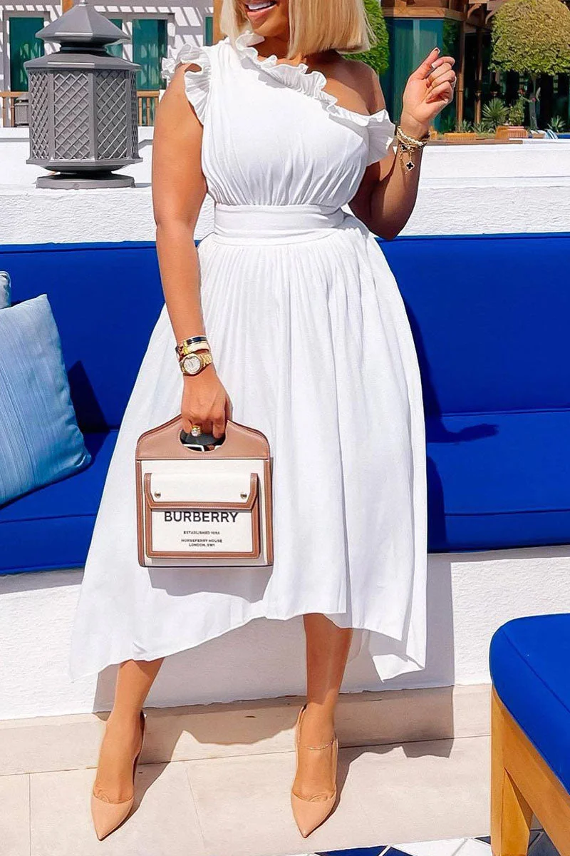 Sexy Solid Patchwork Stringy Selvedge Oblique Collar Irregular Dress ...