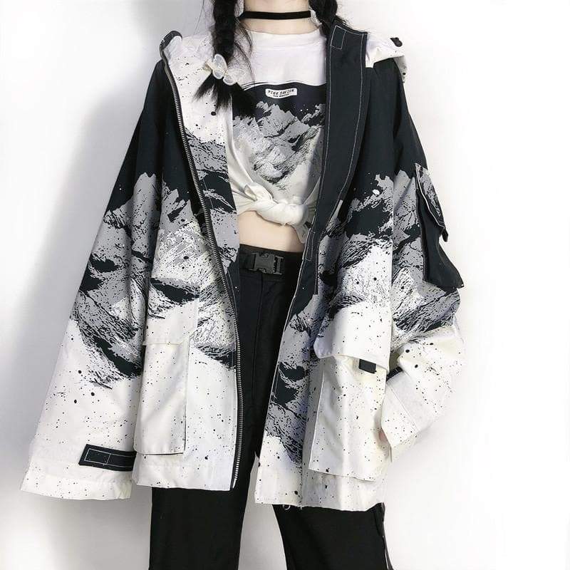 Black White Landscape Painting Printed Hooded Jacket SP237