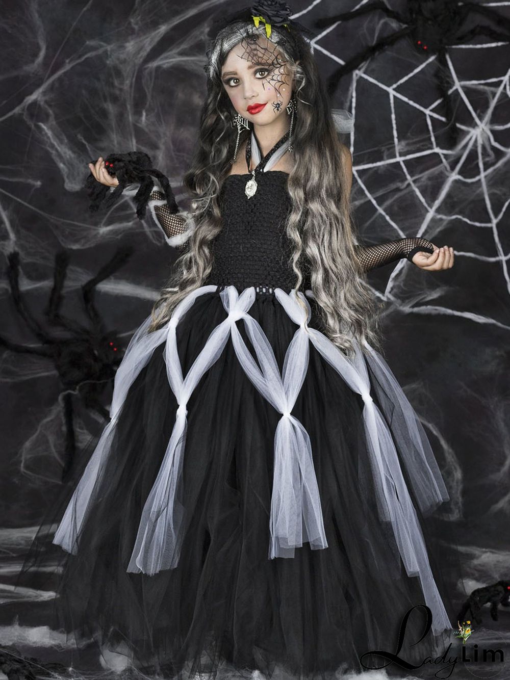 Kid Halloween Black Spider Web Dress & Gloves - Ladylim