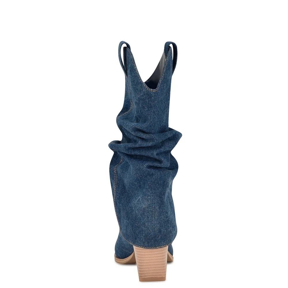 Blue Denim Chunky Heel Fold Over Mid-Calf Slouch Boots for Women