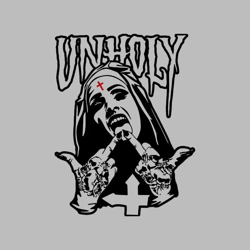 UNHOLY Nun with Crucifix on Forehead Graphic Casual Black Print T-shirt