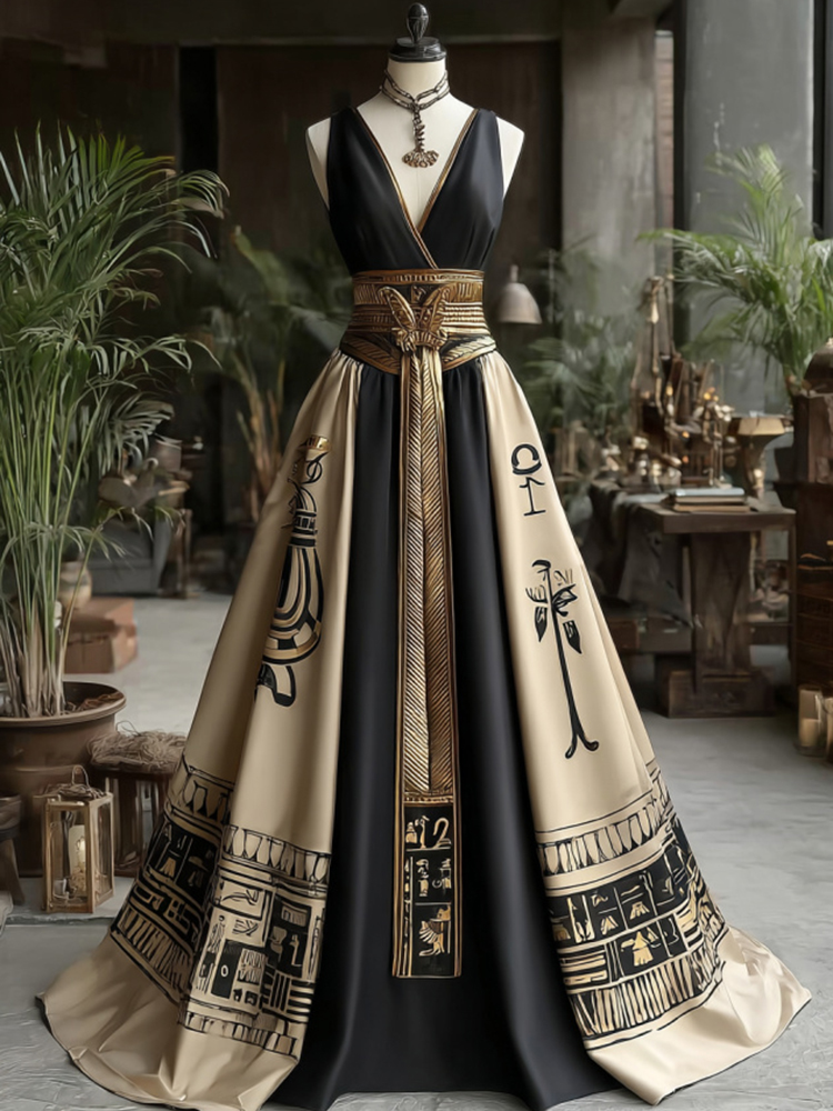 Women's Vintage Ankh Ancient Egyptian Linen Maxi Dress