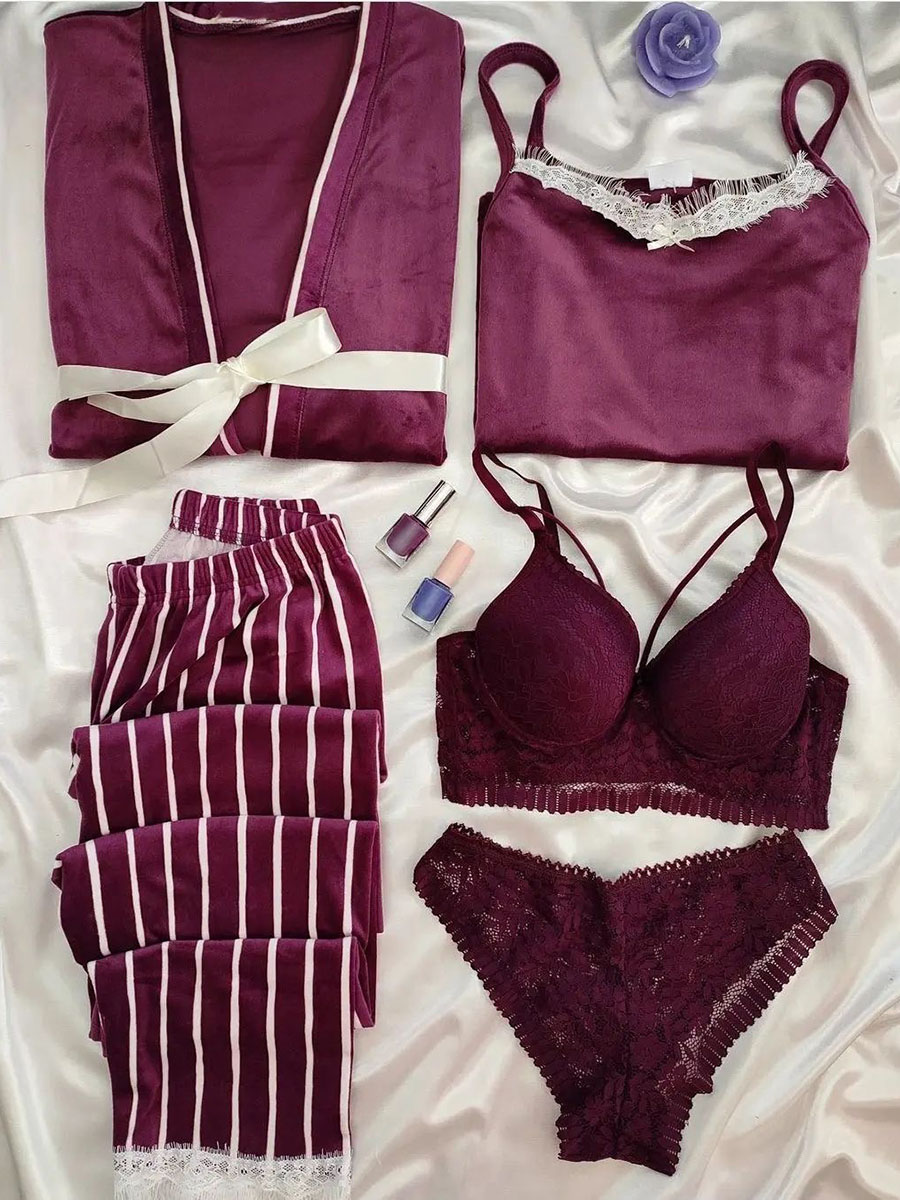 Maroon Night Suit & Bra Penty Set Combo for Women's