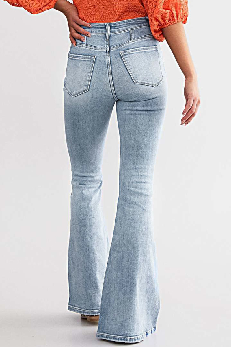 Cut & Sew Button Fly Mid Waist Flare Jeans - MissTip