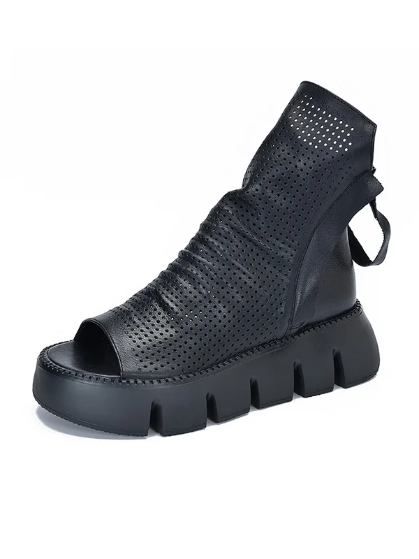 Urban Zipper Hollow Platform Shoes in Sleek Black and Brown