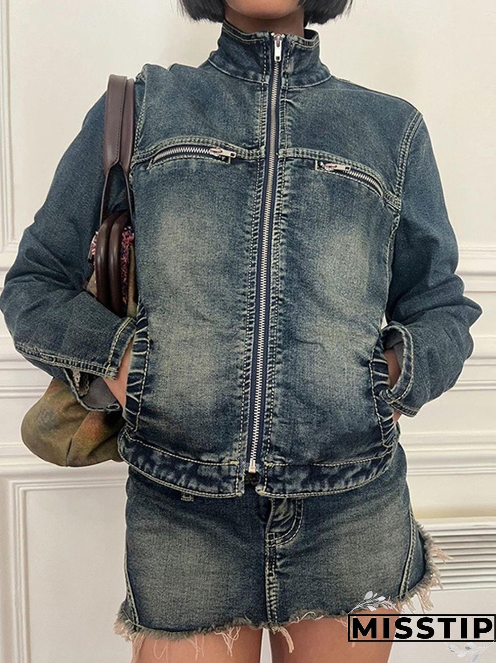 Vintage Zip Up Collar Neck Short Denim Jacket - MissTip