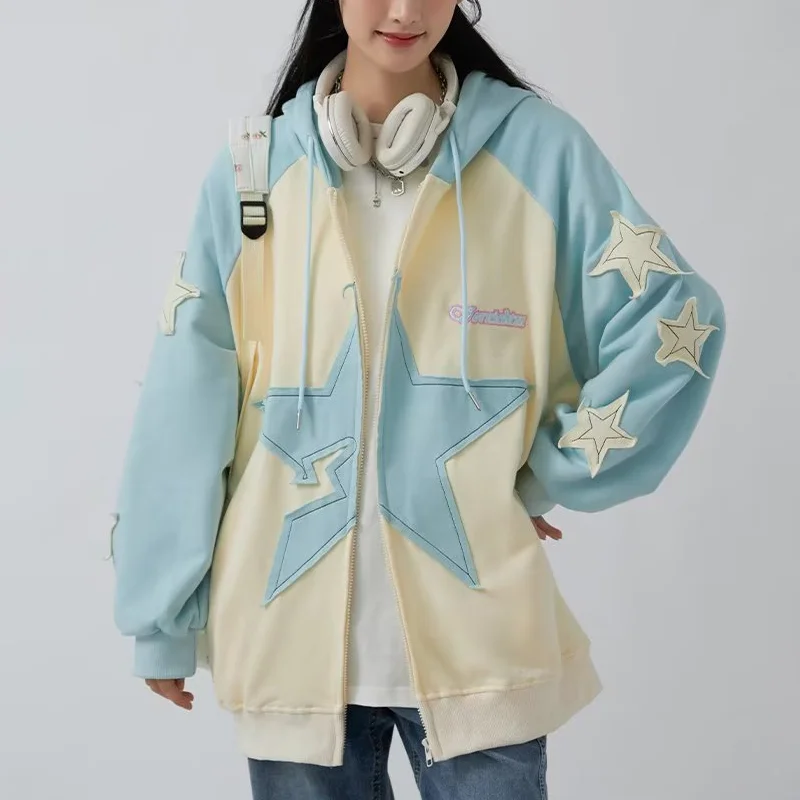 Y2K CONTRAST STAR PATCH ZIP UP HOODIE