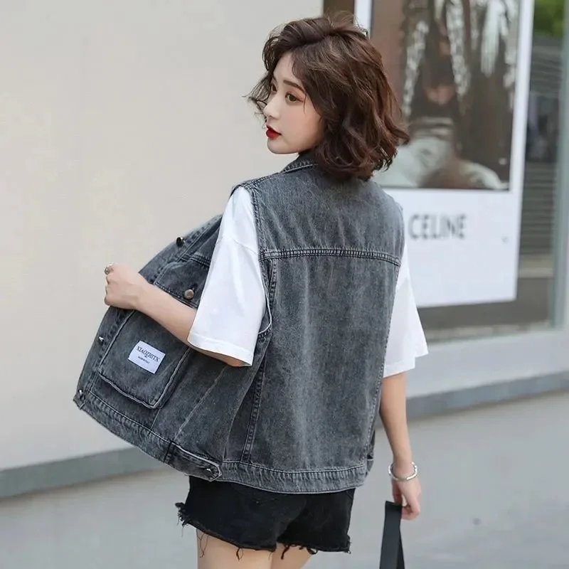 Woherb Gray Black Denim Vest Women Streetwear Bleached Loose Sleeveless ...