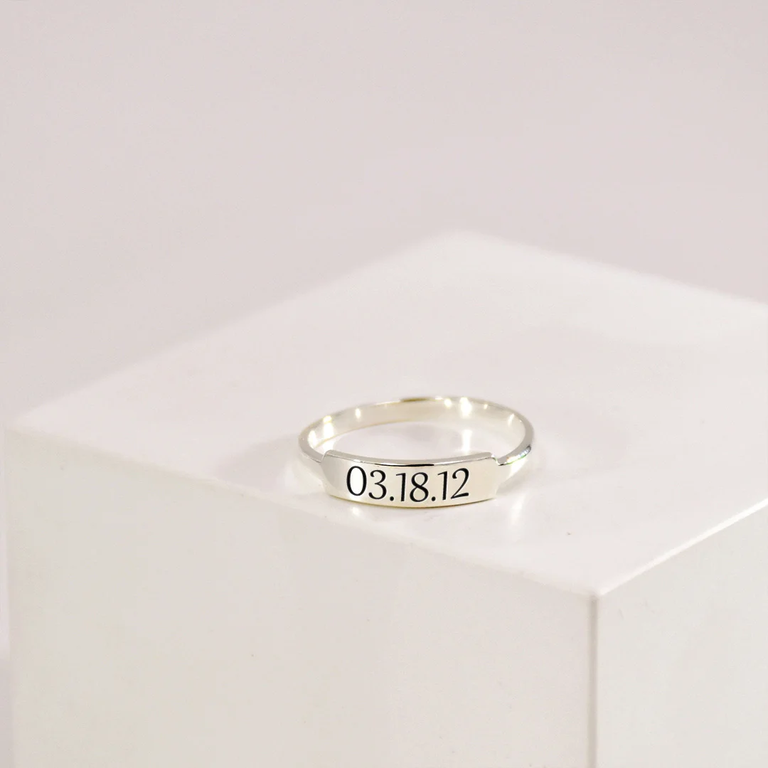 Bar Ring With Engraved Date Personalized Stacking Ring