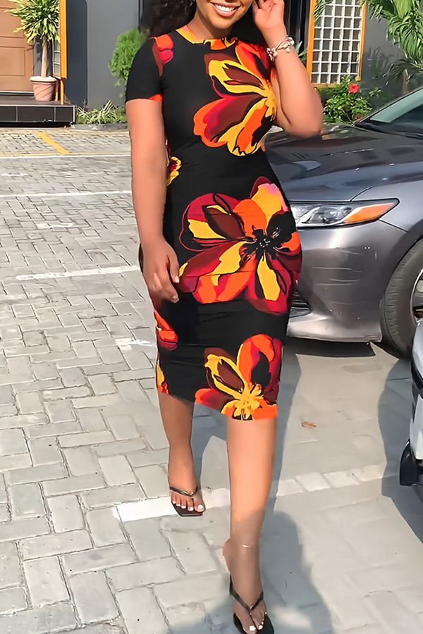 Pretty Flower Short Sleeve One-piece Midi Dress
