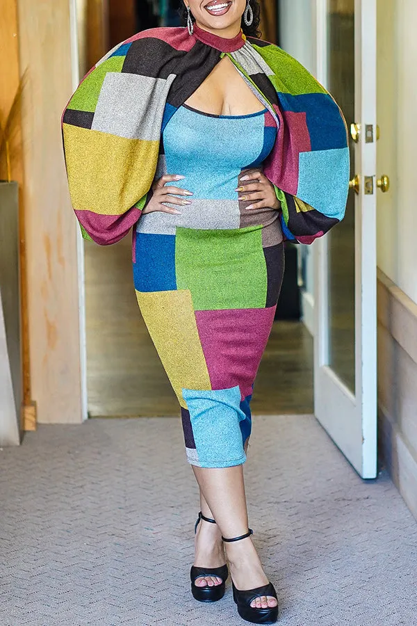 Elegant Plaid Batwing Sleeve Short Top Slim-Fit Sling Midi Dress Suits