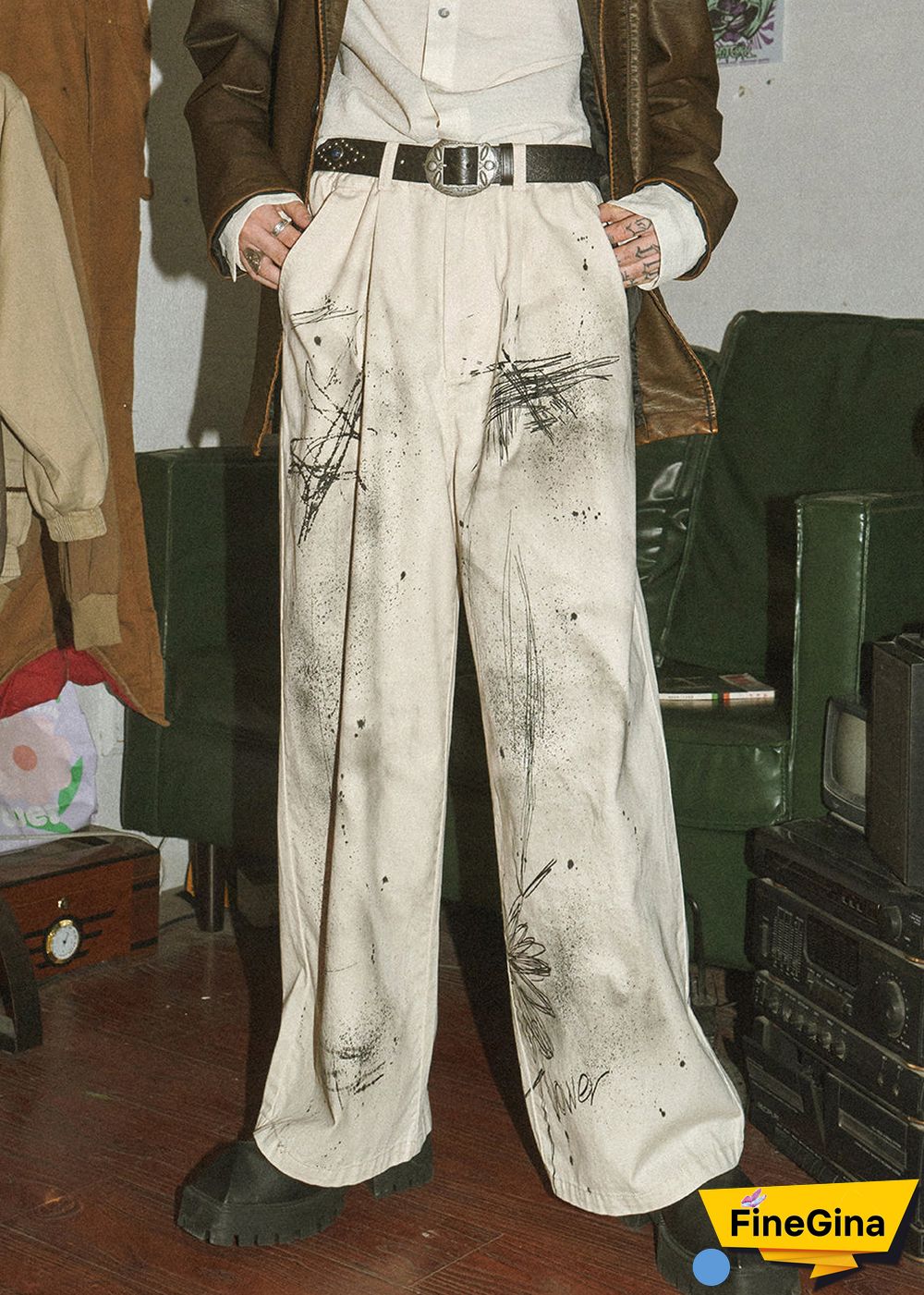 FineGina Fitted White Print High Waist Sashes Straight Pants Fall