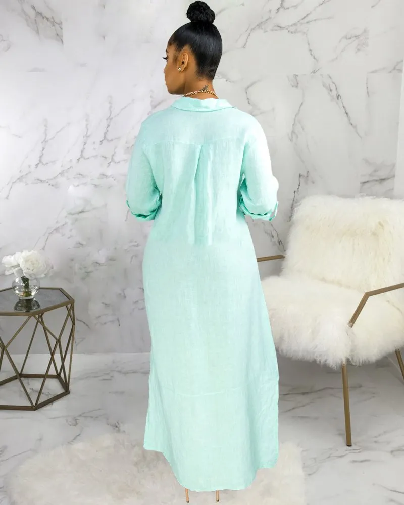 Solid Color Buttons Down Side Slit Shirts Maxi Dresses
